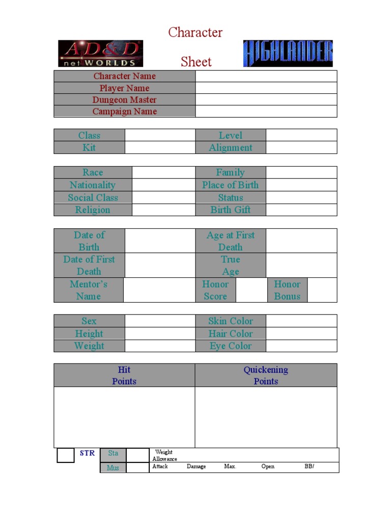 Highlander Character Sheet | PDF | Tabletop Games | Role Playing