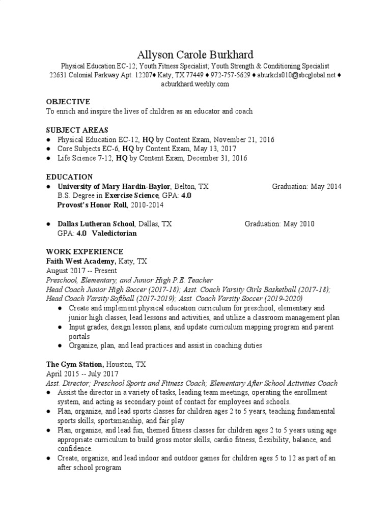 Allyson Burkhard: Youth Fitness Educator | PDF | Physical Education ...