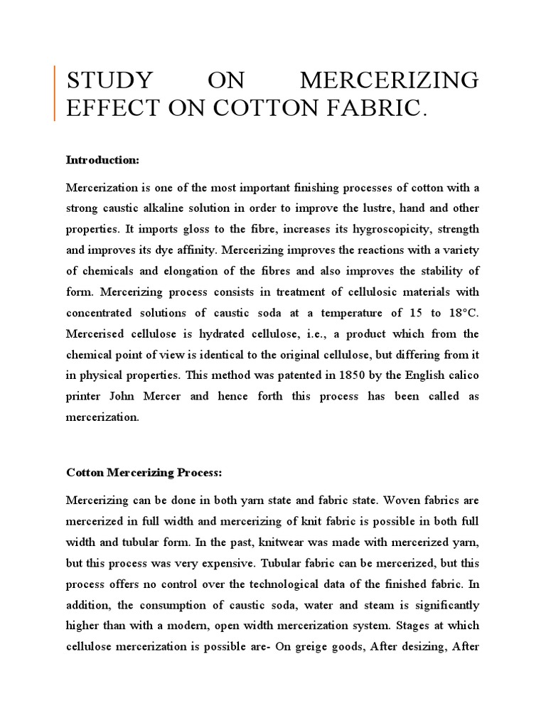 Study On Mercerizing Effect On Cotton Fabric | PDF | Sodium Hydroxide | Dye