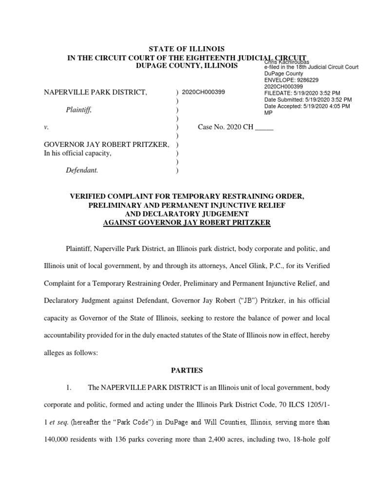 Naperville Park District vs. Governor Jay Robert Pritzker | PDF ...