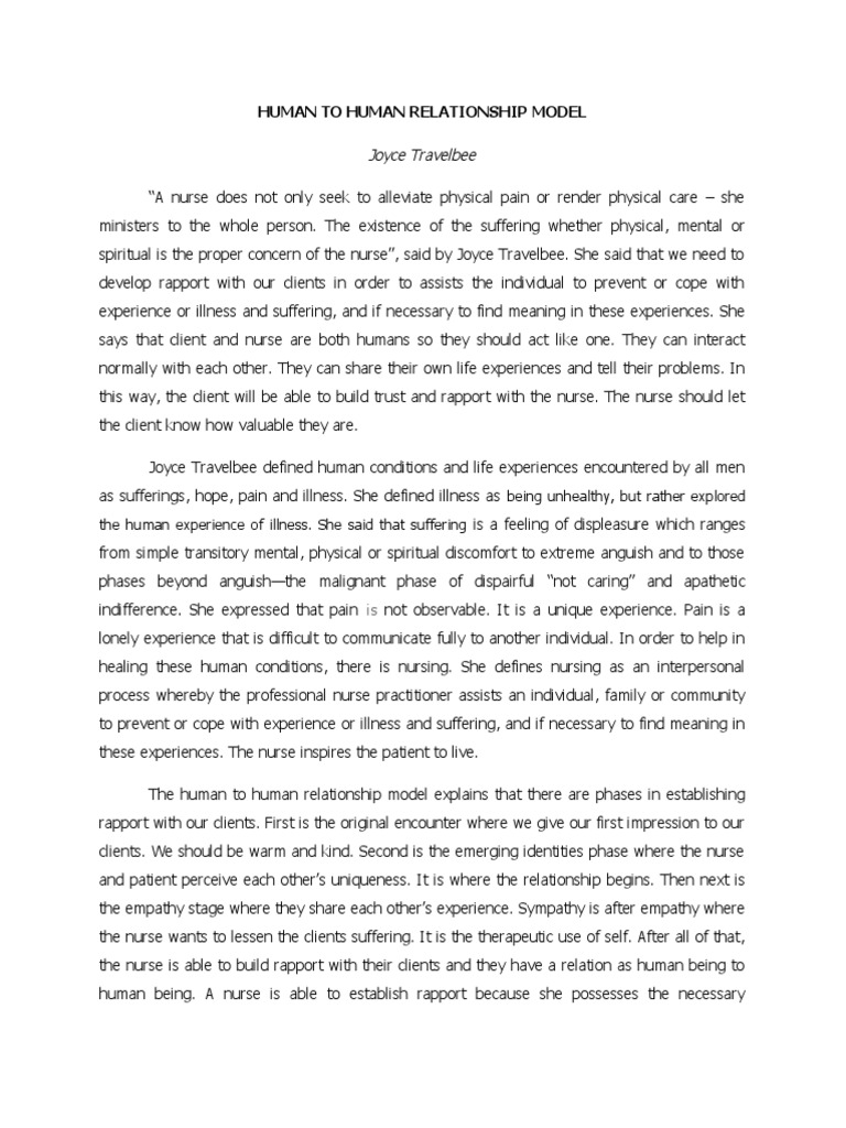 Human To Human Relationship Model: Joyce Travelbee | PDF | Pain | Nursing
