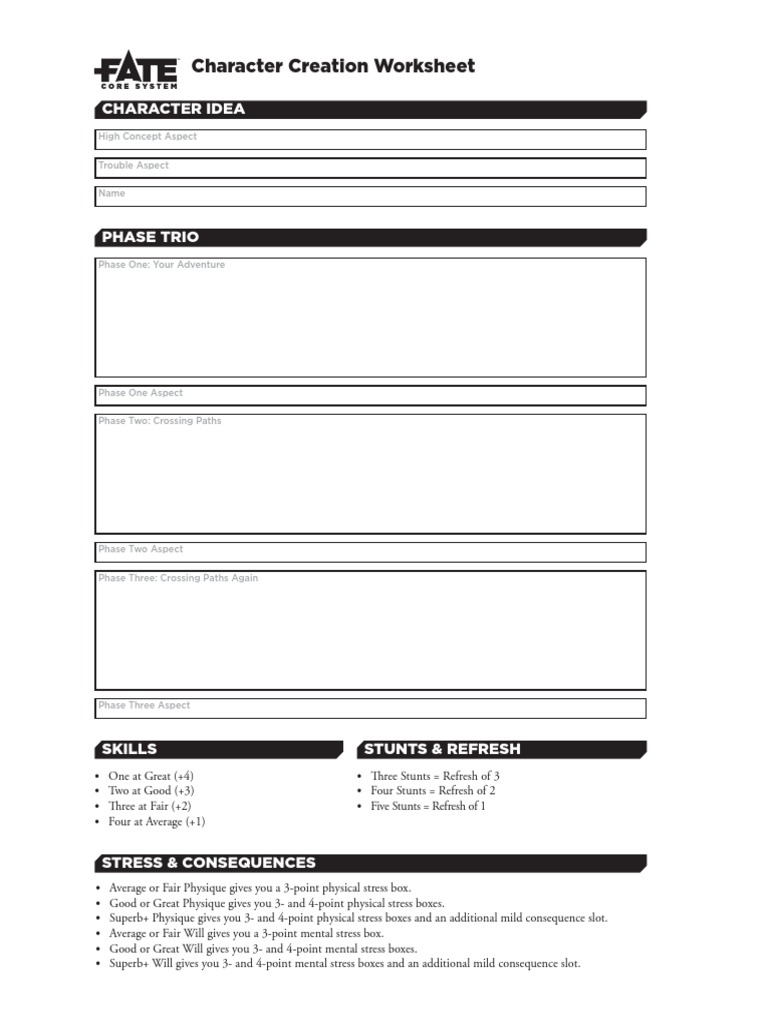 Fate Core Character Creation Worksheet PDF | PDF