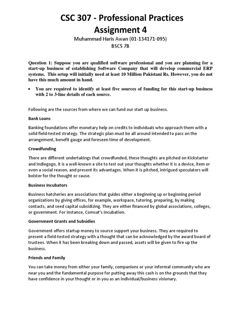 CSC 307 - Professional Practices: Assignment 4 | PDF | Startup Company | Small Business ...
