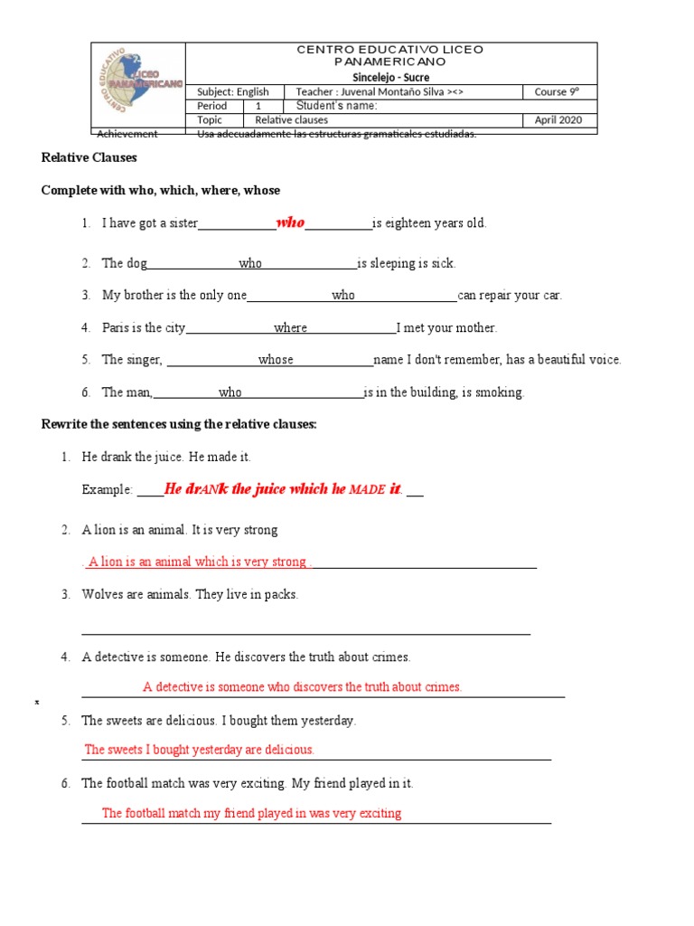 Relative Clauses Complete With Who, Which, Where, Whose | PDF