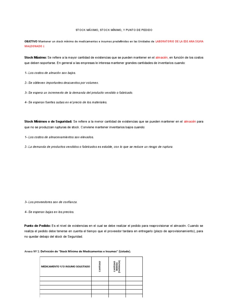 Stock Máximo y Minimo Laboratorio | PDF