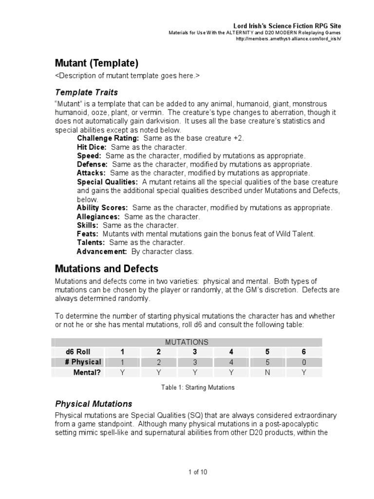 Mutant Character Templates for RPGs | PDF | Role Playing Games | Role ...