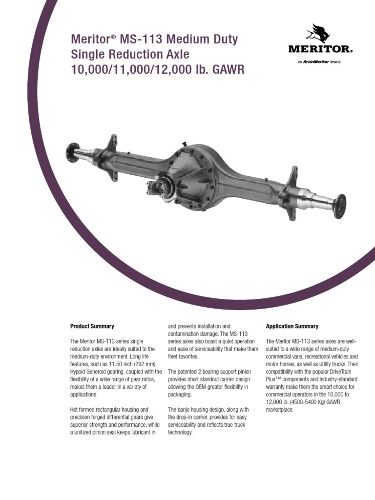 Meritor MS-113 Medium Duty Single Reduction Axle 10,000/11,000/12,000 ...