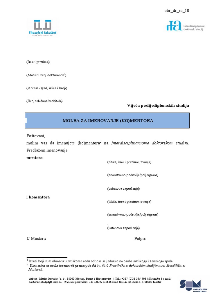 Molba Za Imenovanje (Ko) Mentora | PDF