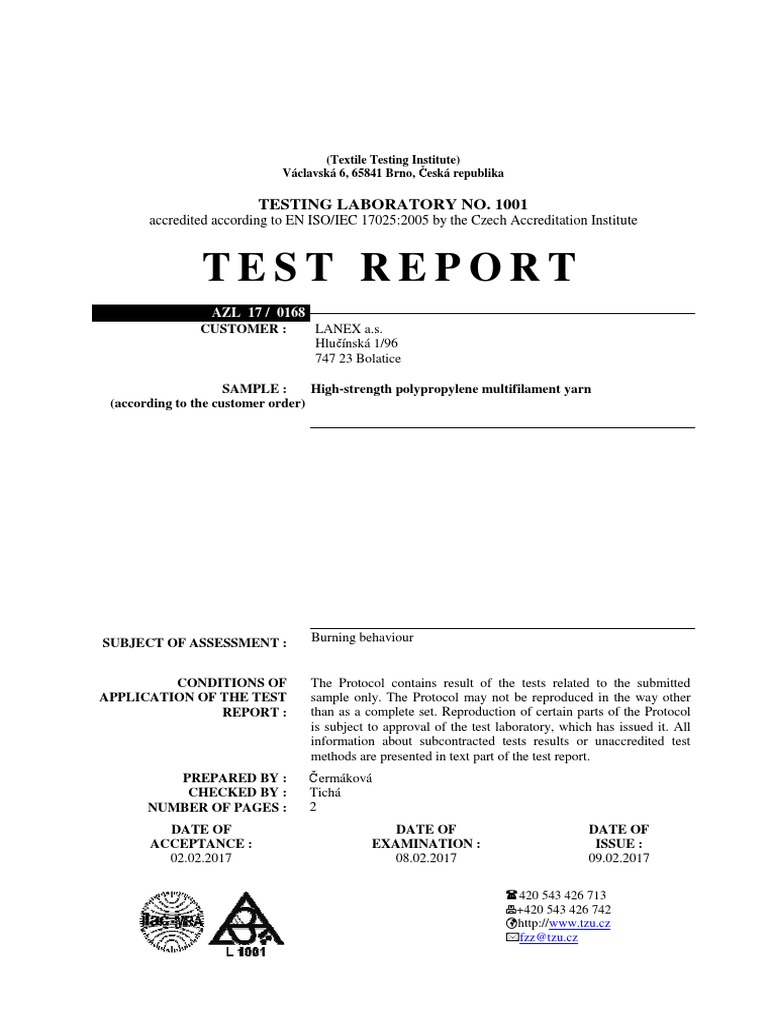 Test Report: Testing Laboratory No. 1001 | PDF | Combustion | Chemistry