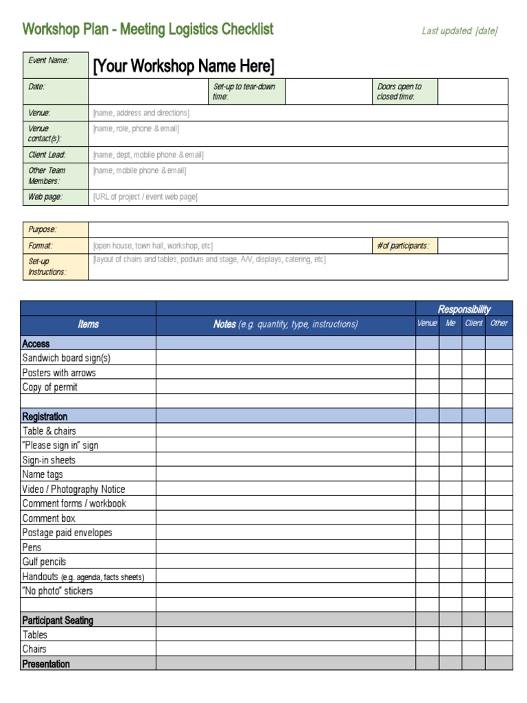 (Your Workshop Name Here) : Workshop Plan - Meeting Logistics Checklist ...