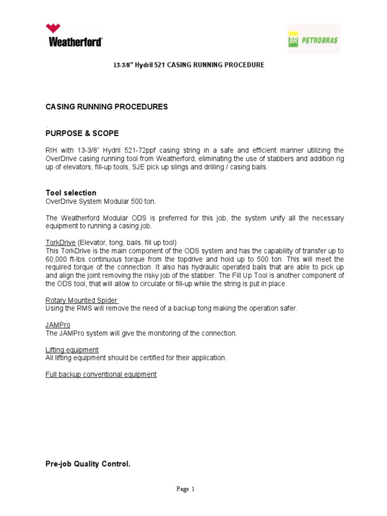 Running Procedures 13.375 Inch Hydril 521 | PDF | Elevator | Crane ...