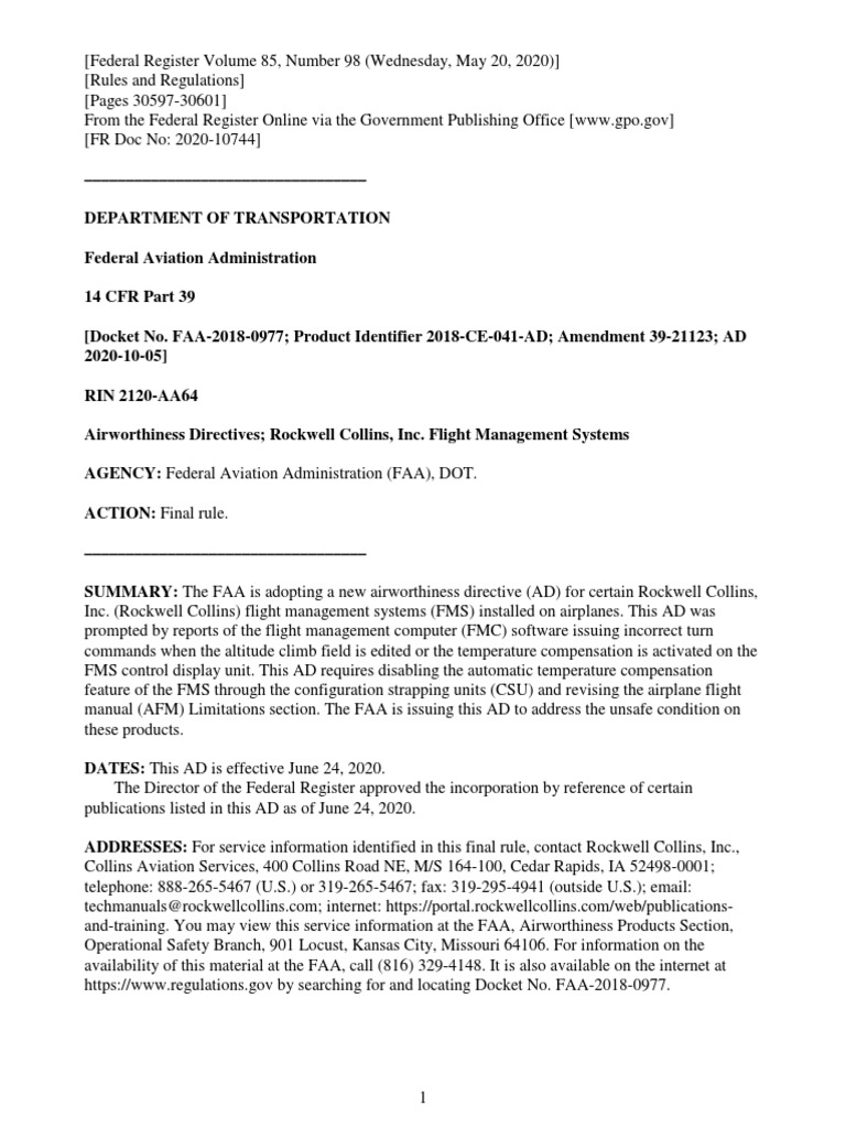 AD 2020-10-05 Collins FMS | PDF | Federal Aviation Administration ...