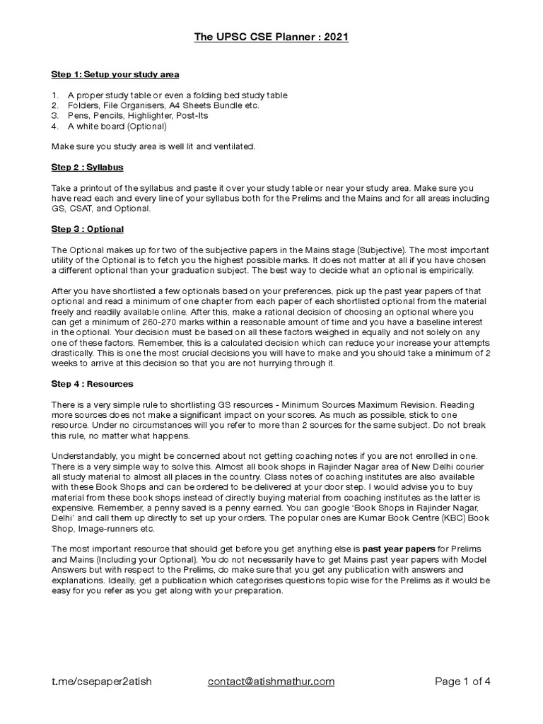 2021 UPSC CSE Planner - Atish Mathur | PDF | Newspapers | Books