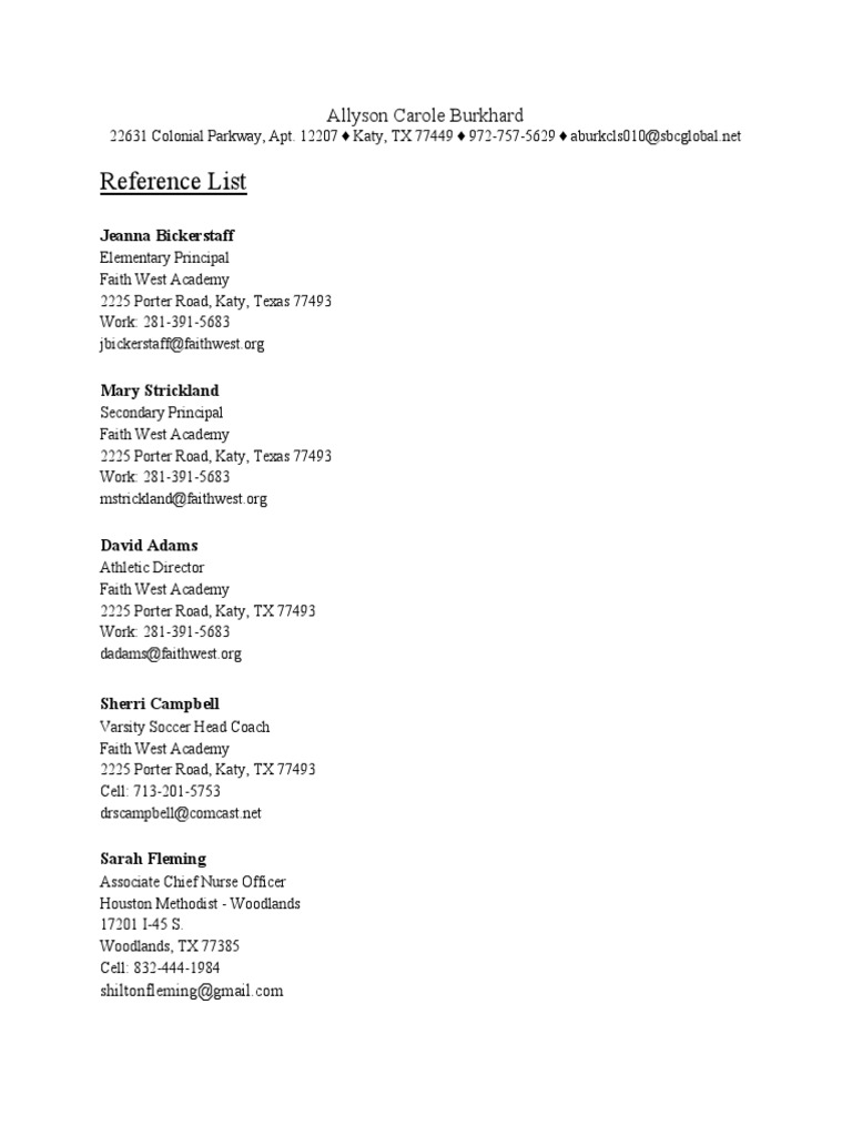 Professional Reference Contacts | PDF