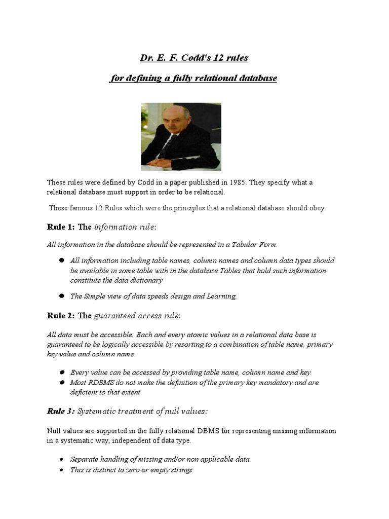 Dr. E. F. Codd's 12 Rules For Defining A Fully Relational Database | PDF | Relational Database ...