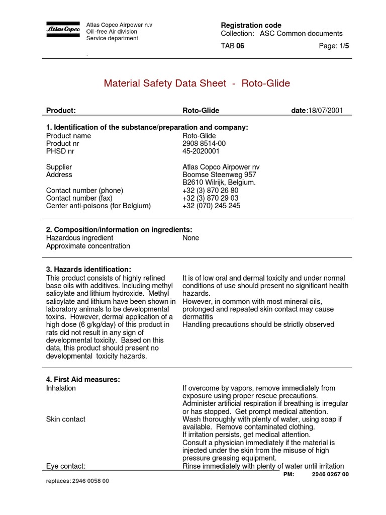 Material Safety Data Sheet - Roto-Glide: Registration Code | Download ...
