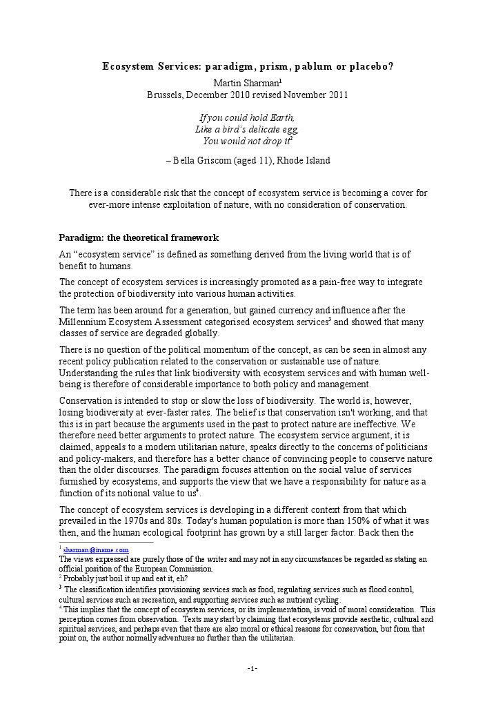 Ecosystem Services: Paradigm, Prism, Pablum, Placebo? | PDF | Biodiversity | Conservation Biology