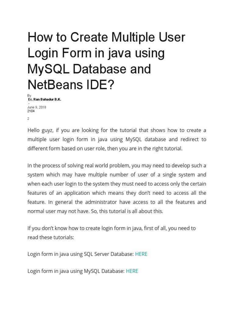 How To Create Multiple User Login Form In Java Using Mysql Database And Netbeans Ide Pdf