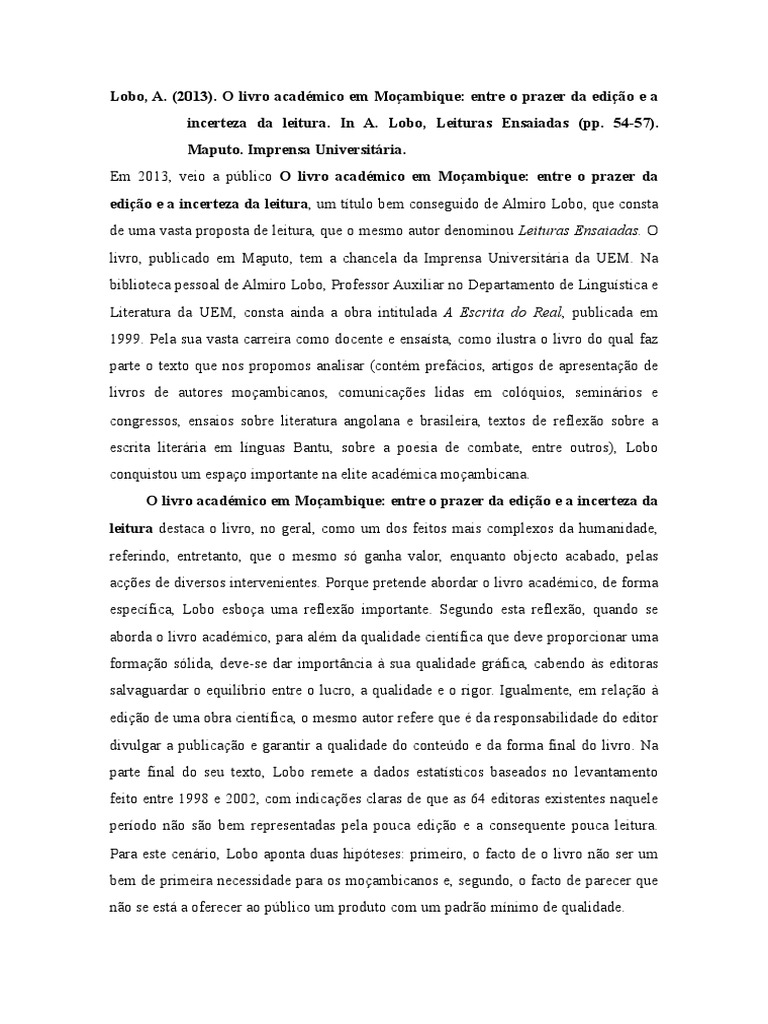 Recensão O Livro Académico em Moçambique Lobo 2 | PDF | Moçambique | Livros