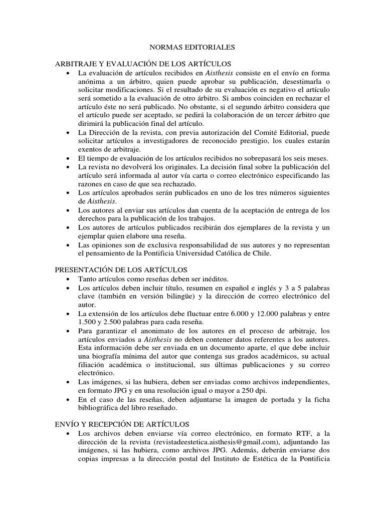 Normas Editoriales Revista Aisthesis | PDF | Autor | Citación