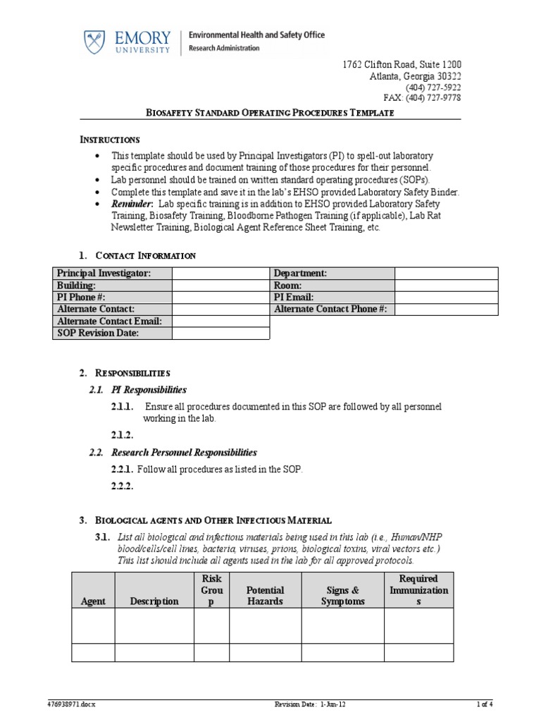 Biosafety Standard Operating Procedures Template | PDF | Laboratories ... Biosafety Standard Operating Procedures Template | PDF | Laboratories ...