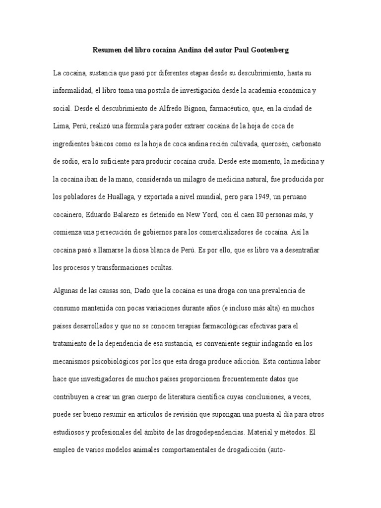 Resumen Del Libro Cocaína Andina Del Autor Paul Gootenberg | PDF ...