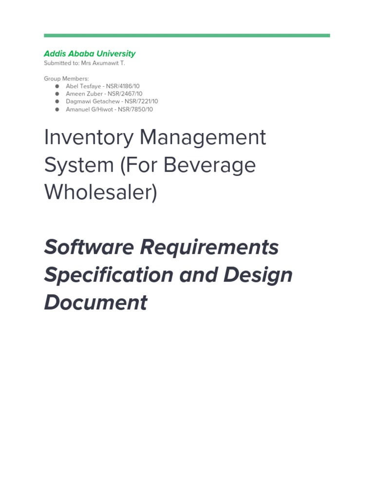 Inventory Management System (For Beverage Wholesaler) : Software Requirements Specification and ...