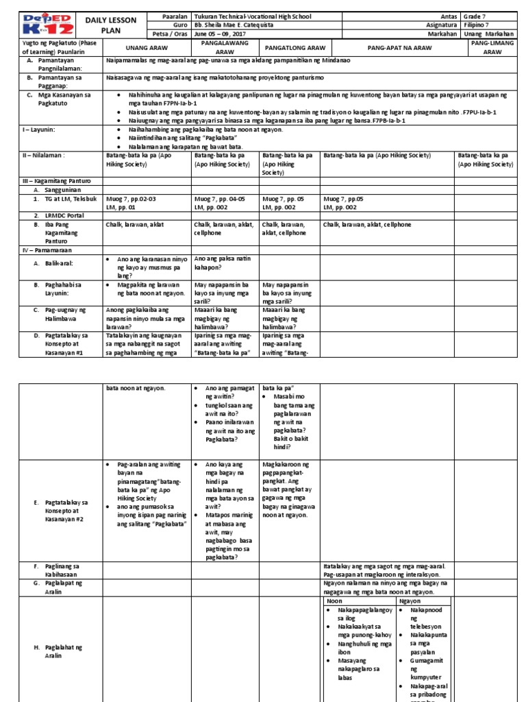 Filipino 7 Lesson Plan | PDF