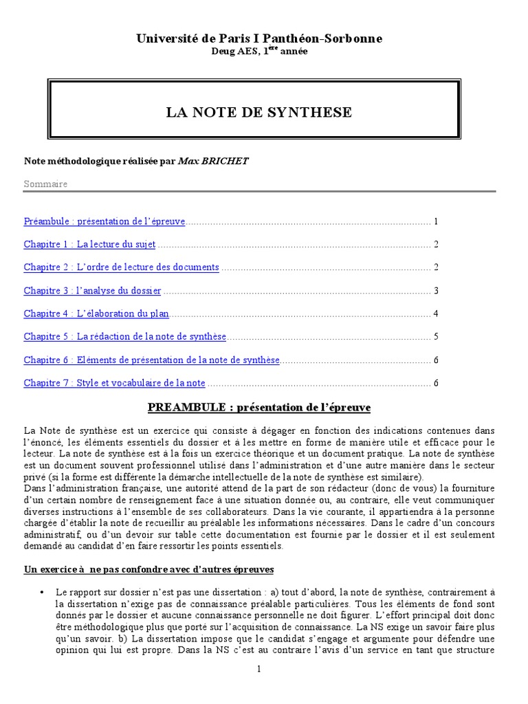 La Note De Synthese Paris 1 Pdf Impression Science