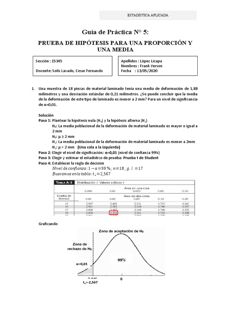 Practica 5 Estadistica | PDF | Prueba T de Student | Hipótesis
