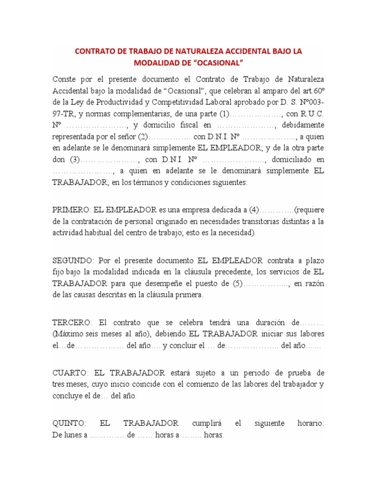 Contrato de Trabajo de Naturaleza Accidental Bajo La Modalidad de | Descargar gratis PDF ...