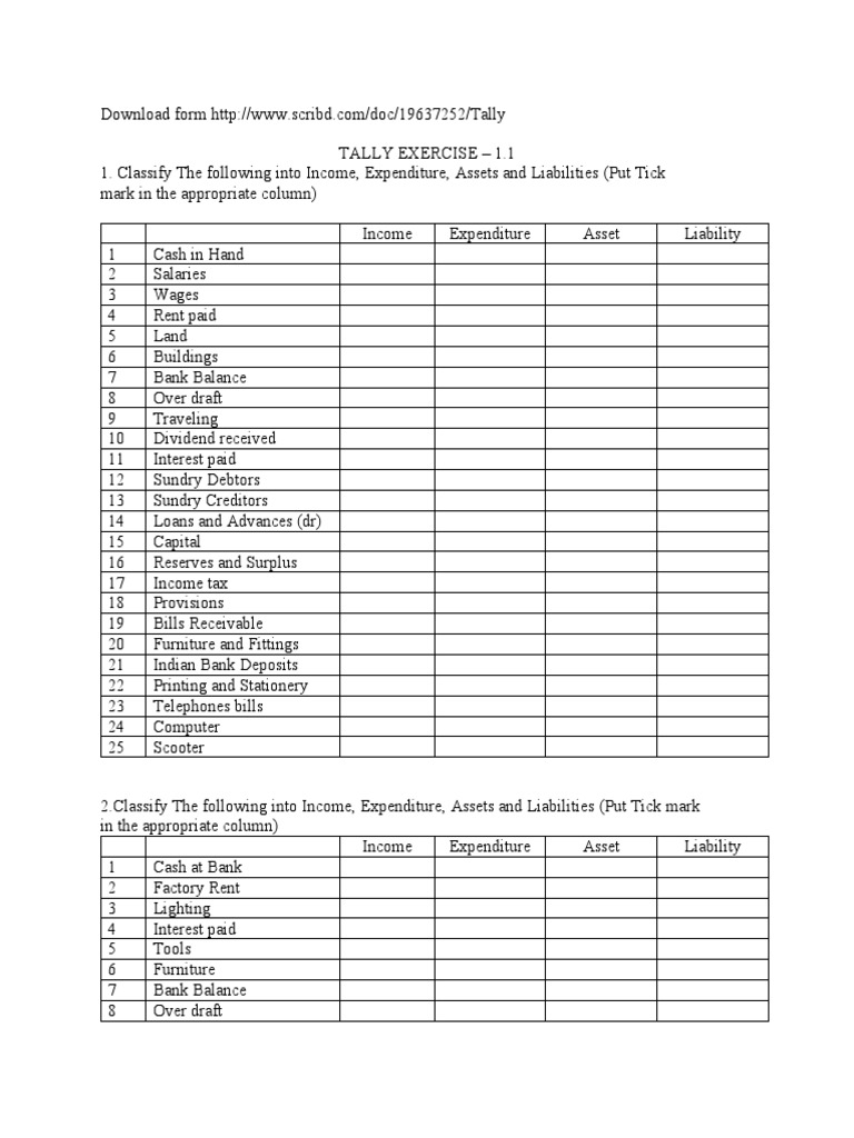 Tally Practice Exercises with Solutions | PDF | Debits And Credits ...