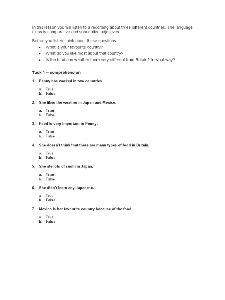 Task 1 - Comprehension: A. True | PDF | Foods