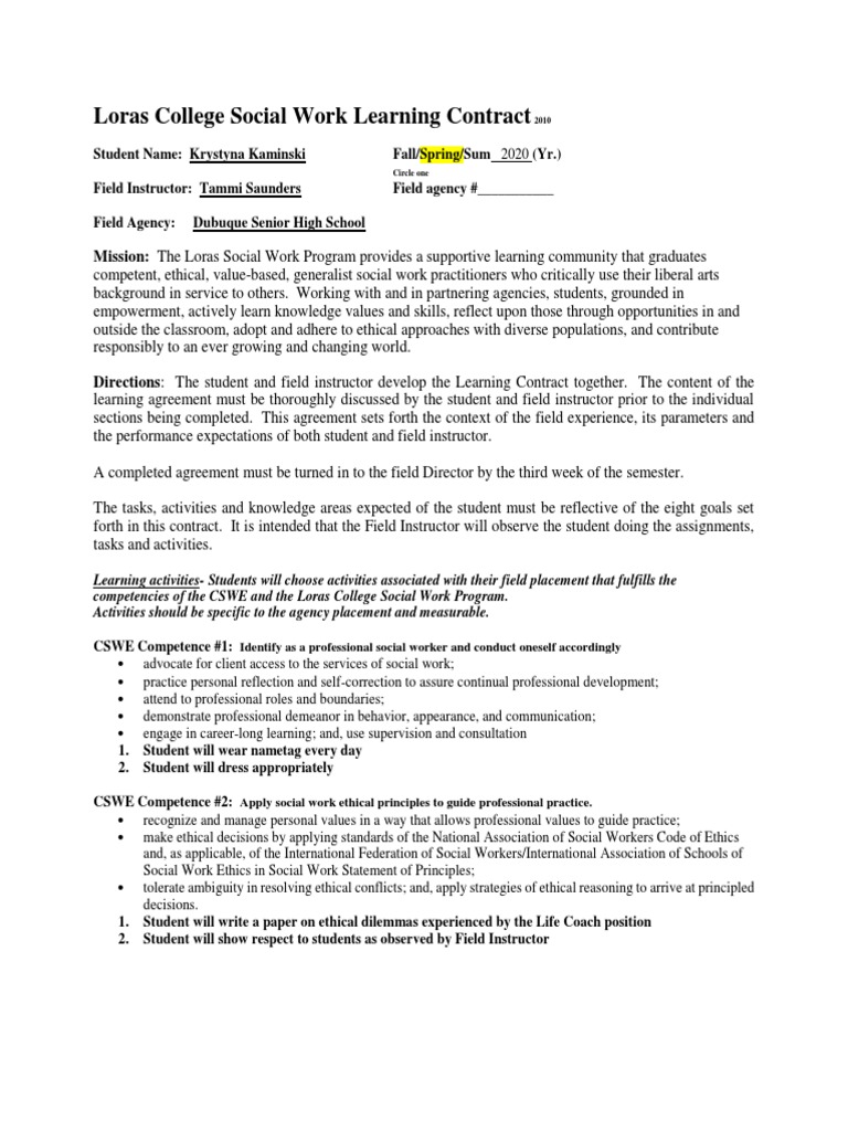 LC SCW Learning Contract 2020 - Version 2 | PDF | Social Work | Evaluation