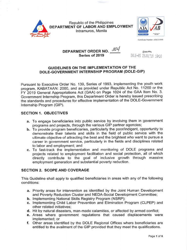 DO 204 19 Guidelines On The Implementation of The DOLE Government ...
