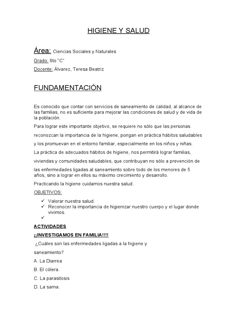 HIGIENE Y SALUD 6to Grado | PDF