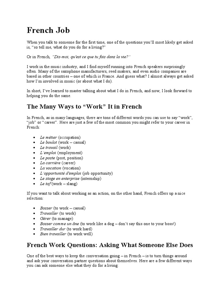 French Job: The Many Ways To "Work" It in French | PDF | Business