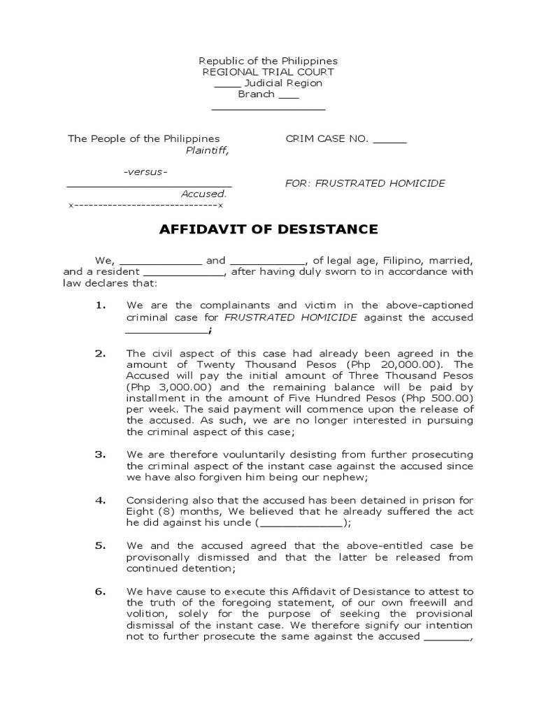 Affidavit of Desistance-Frustrated Homicide | PDF | Plaintiff | Judiciaries