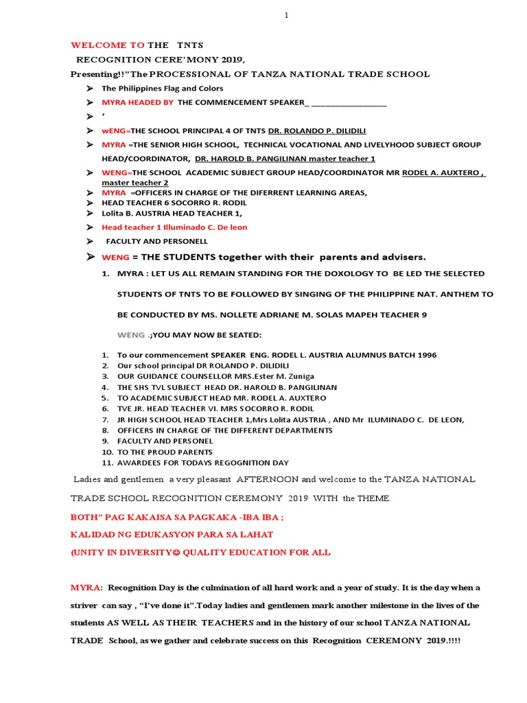 RECOGNITION DAY Script | PDF | Teaching | Educational Personnel