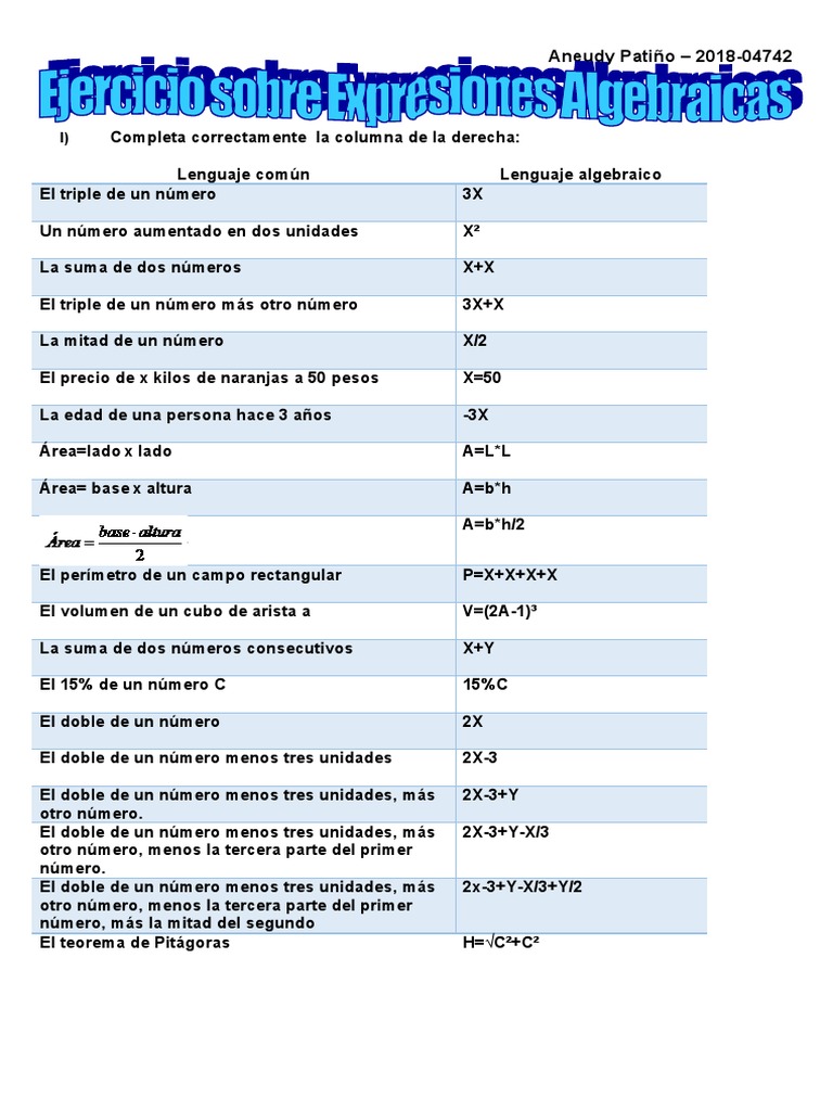 4 Ejercicio Sobre Expresiones Algebraicas | PDF | Álgebra abstracta | Notación Matemática