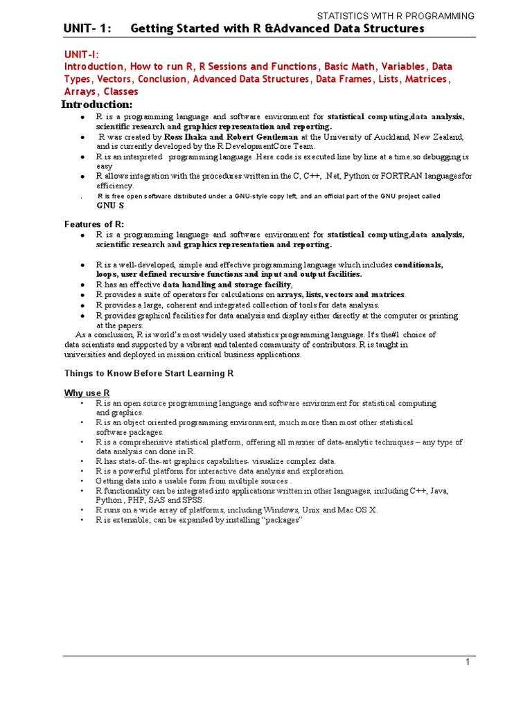 R Language 1st Unit Deep | PDF | Array Data Structure | Matrix (Mathematics)