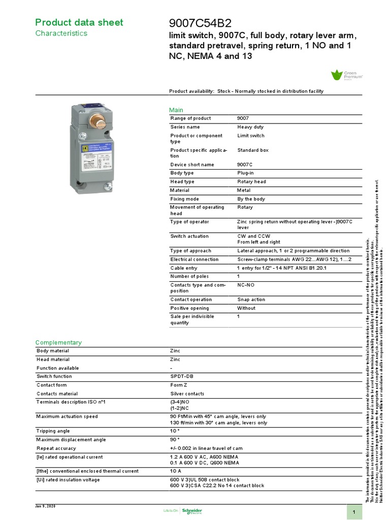 Product data sheet for 9007C54B limit switch provides specifications ...
