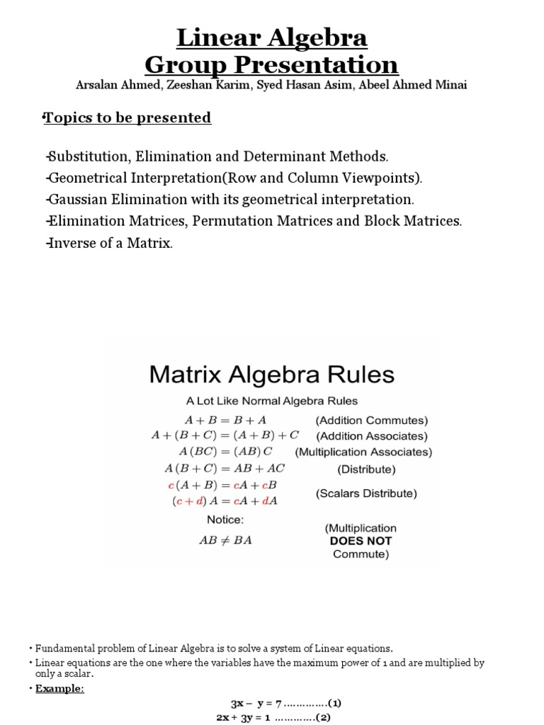 Linear Algebra Group Presentation: Arsalan Ahmed, Zeeshan Karim, Syed ...