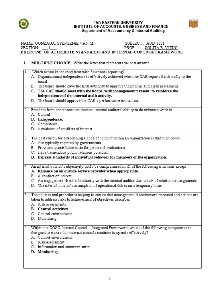 Gonzaga - Sec1 - Exercises On Attribute Standards and Internal Controlframework | PDF | Internal ...