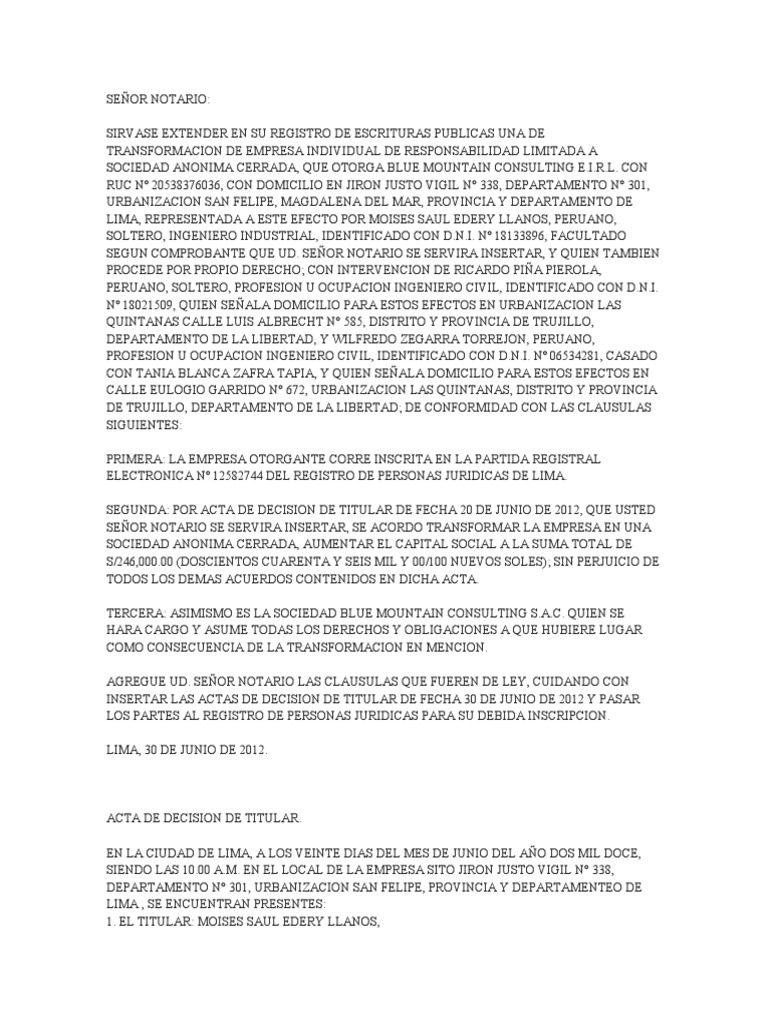 Transformacion de Una Eirl A Una Sac - Aumento de Capital ...