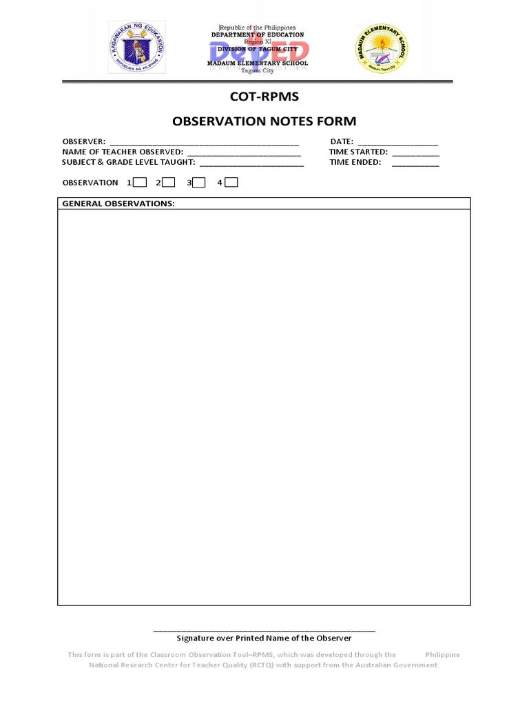 COT-RPMS Observation Notes Template | PDF