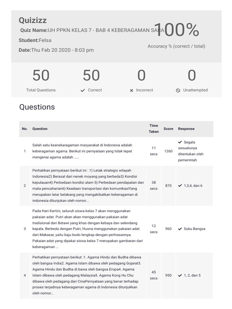 UH PPKN KELAS 7 - BAB 4 KEBERAGAMAN SARA - Print Player - Quizizz | PDF