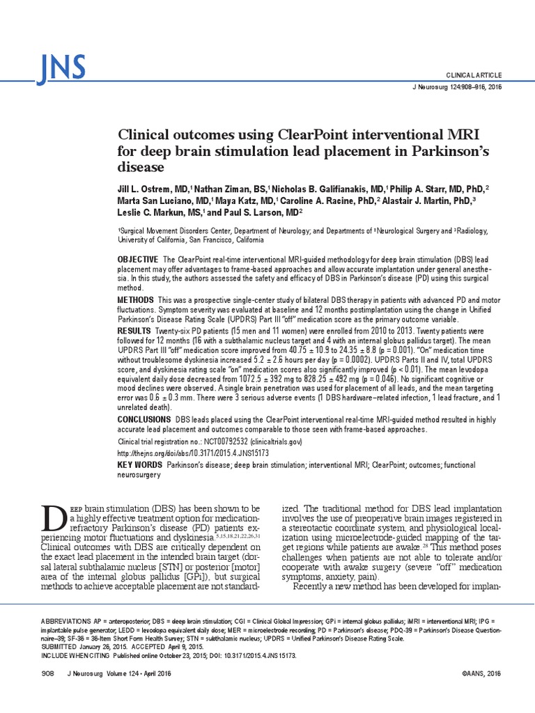 Clinical Outcomes Using Clearpoint Interventional Mri For Deep Brain ...