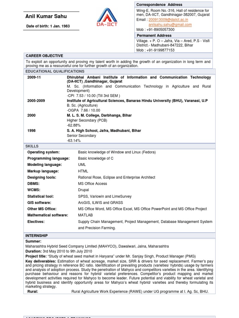 Anil Kumar Sahu CV/Resume | PDF | Computing | Agriculture