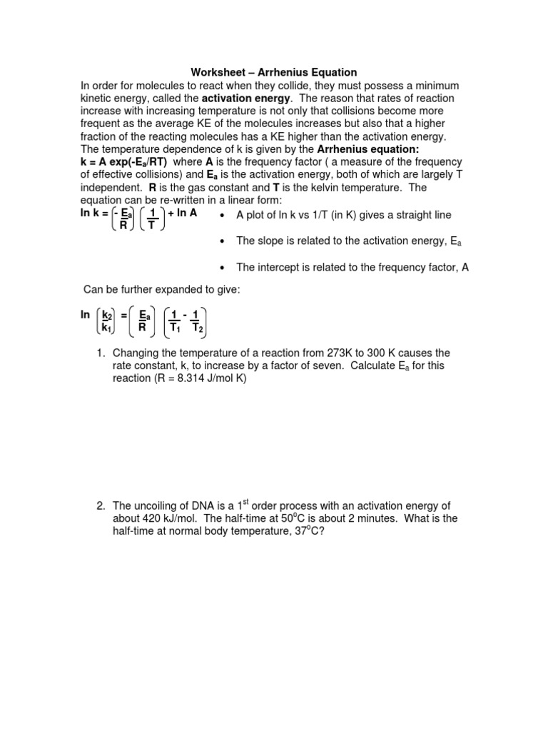 Arrhenius Equation Worksheet | PDF | Activation Energy | Reaction Rate